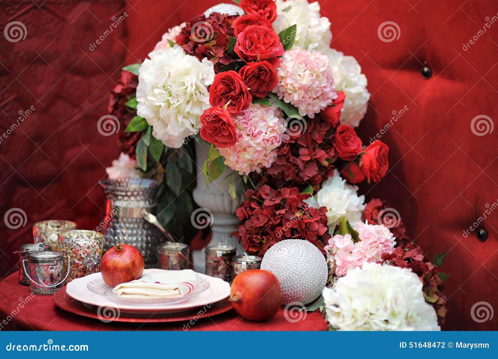 Stylish Red Table Set for Wedding Celebration Stock Photo - Image of ...