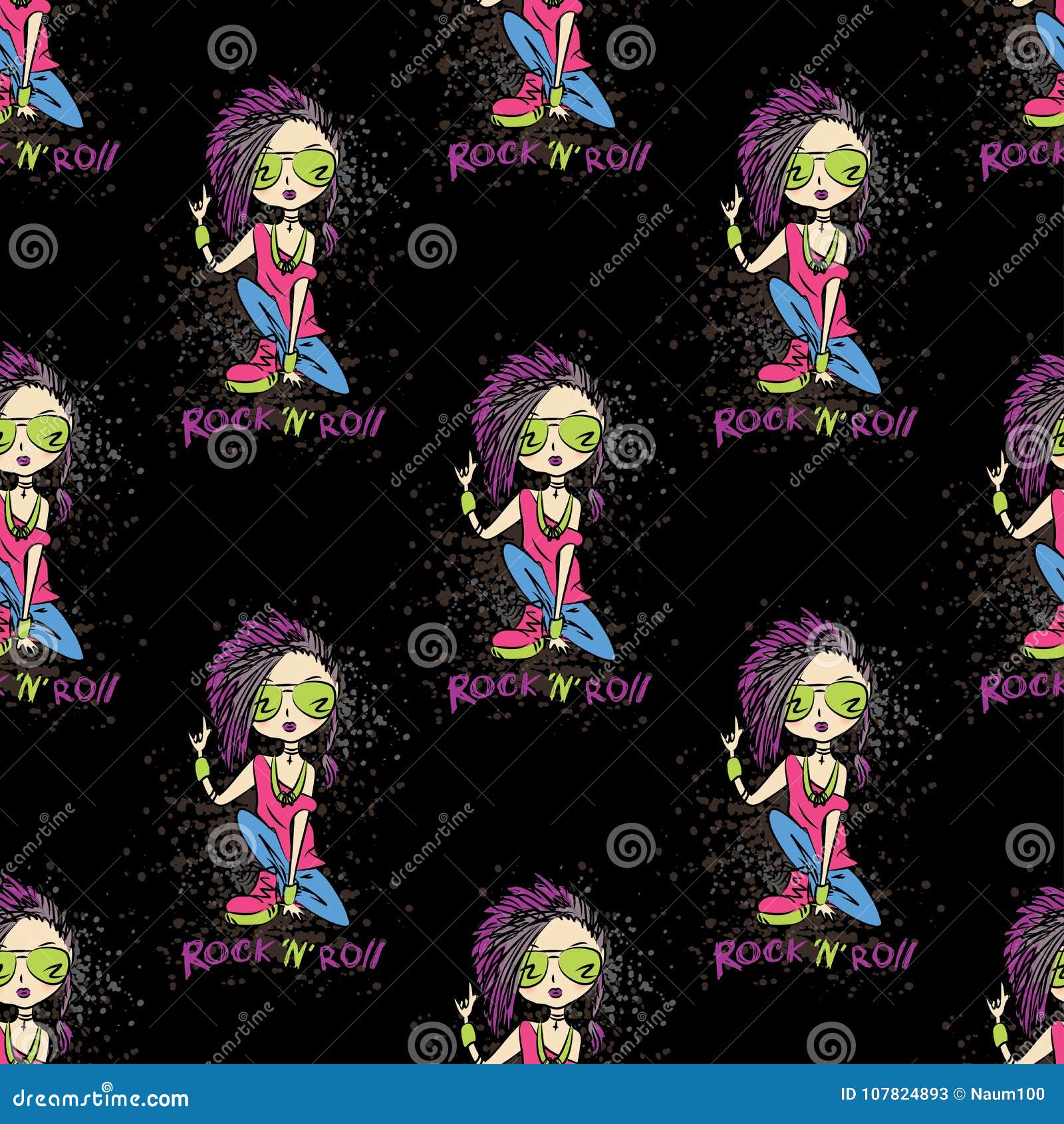 Stylish Rock Girl Seamless Pattern. Stock Vector - Illustration of ...