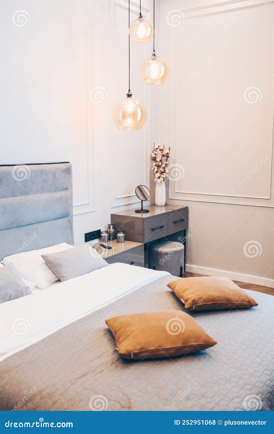 Stylish Room Interior with Big Comfortable Bed Stock Photo - Image of ...