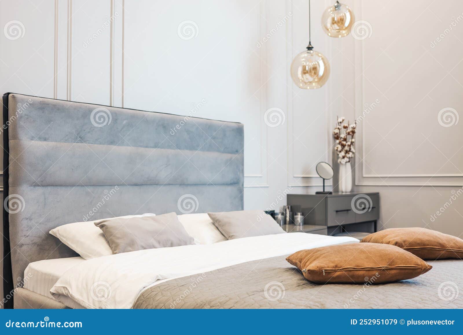 Stylish Room Interior with Big Comfortable Bed Stock Image - Image of ...