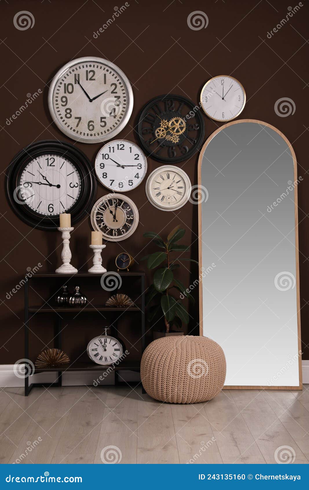 Stylish Room Interior with Collection of Wall Clocks Stock Photo ...