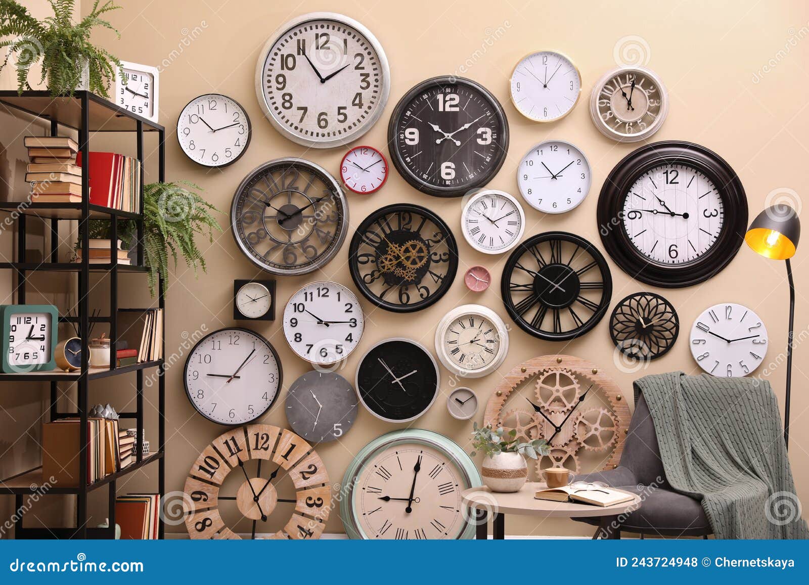 Stylish Room Interior with Collection of Wall Clocks Stock Photo ...