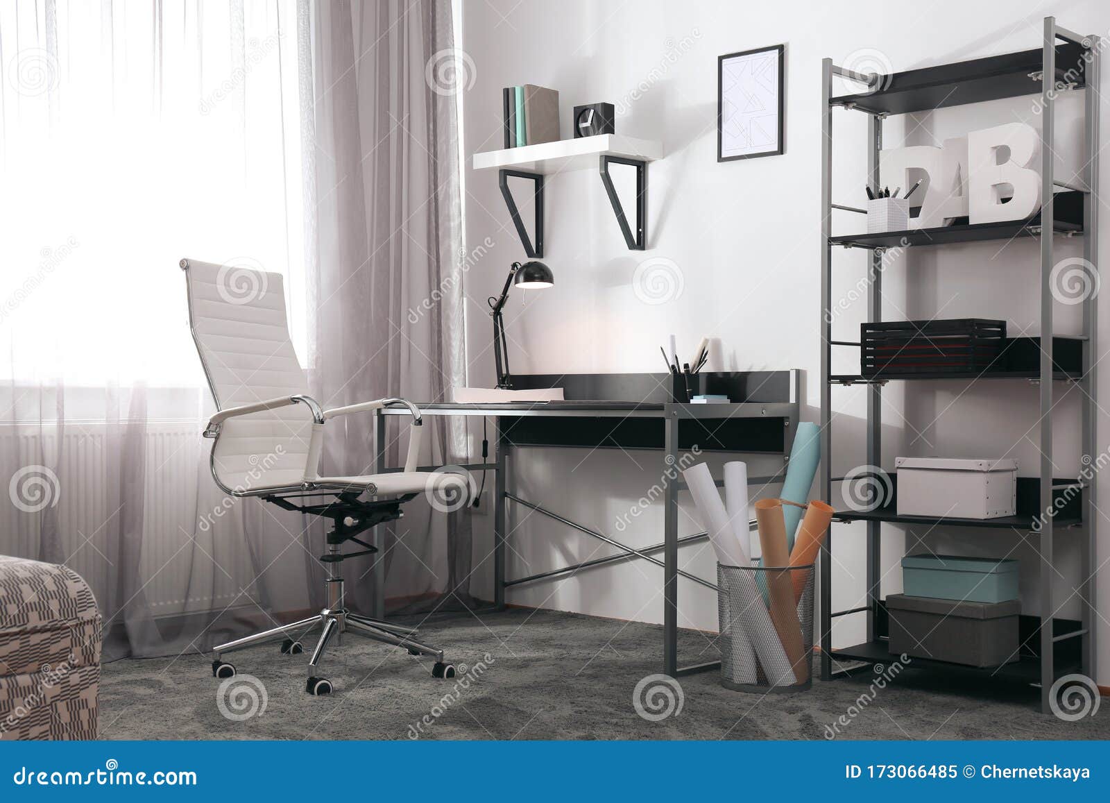Stylish Room Interior with Workplace Near Window. Design Idea Stock ...