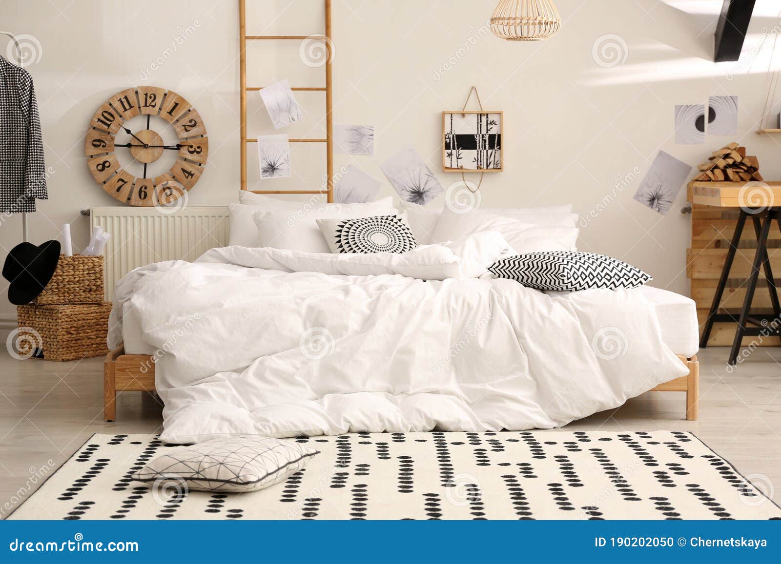 Stylish Room Interior with Large Bed Stock Photo - Image of design ...