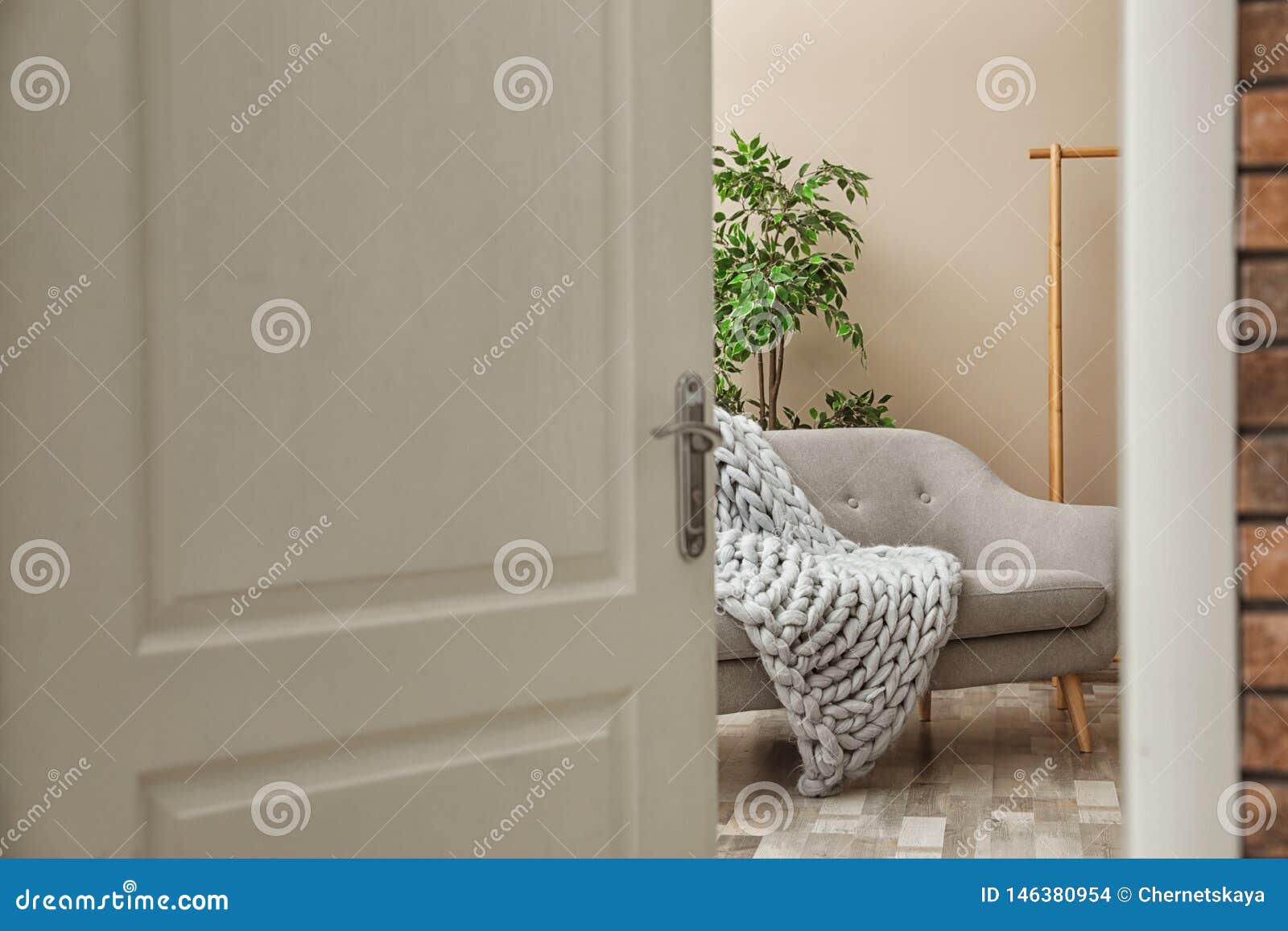 Stylish Room Interior in Light Colors, View through Open Door Stock ...