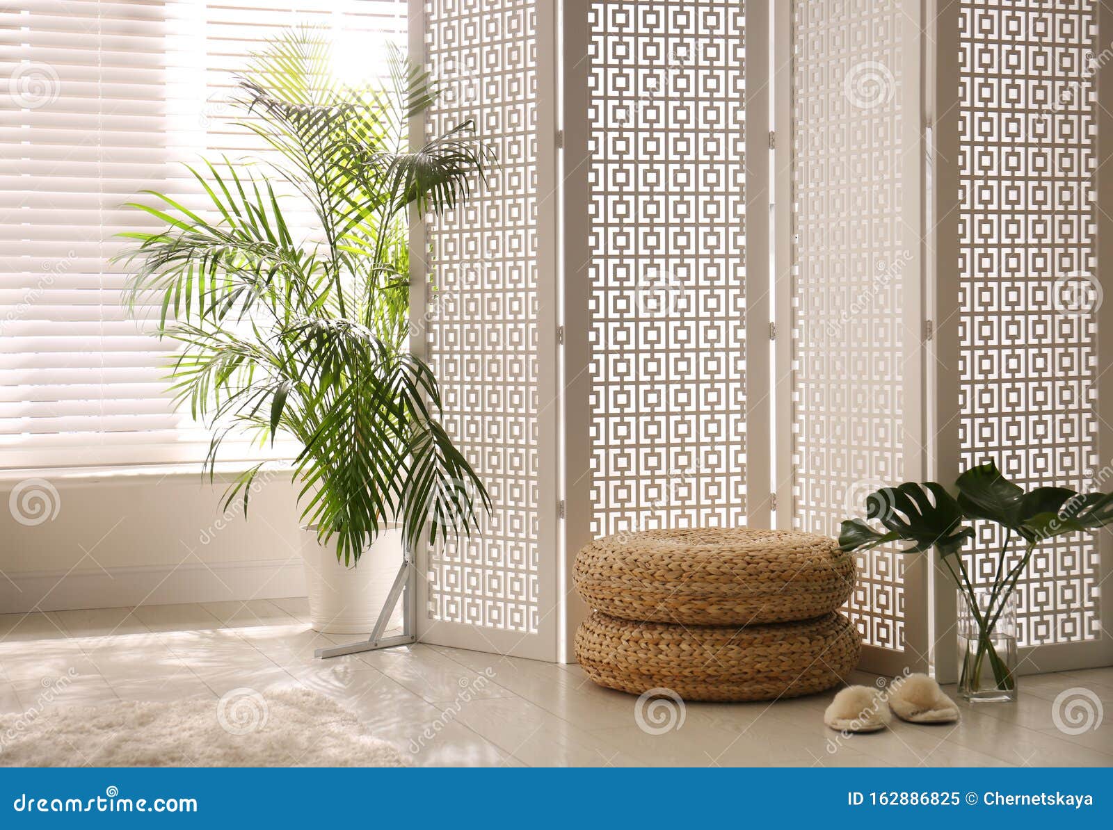 Stylish Room Interior with Folding Screen and Plants Stock Image ...