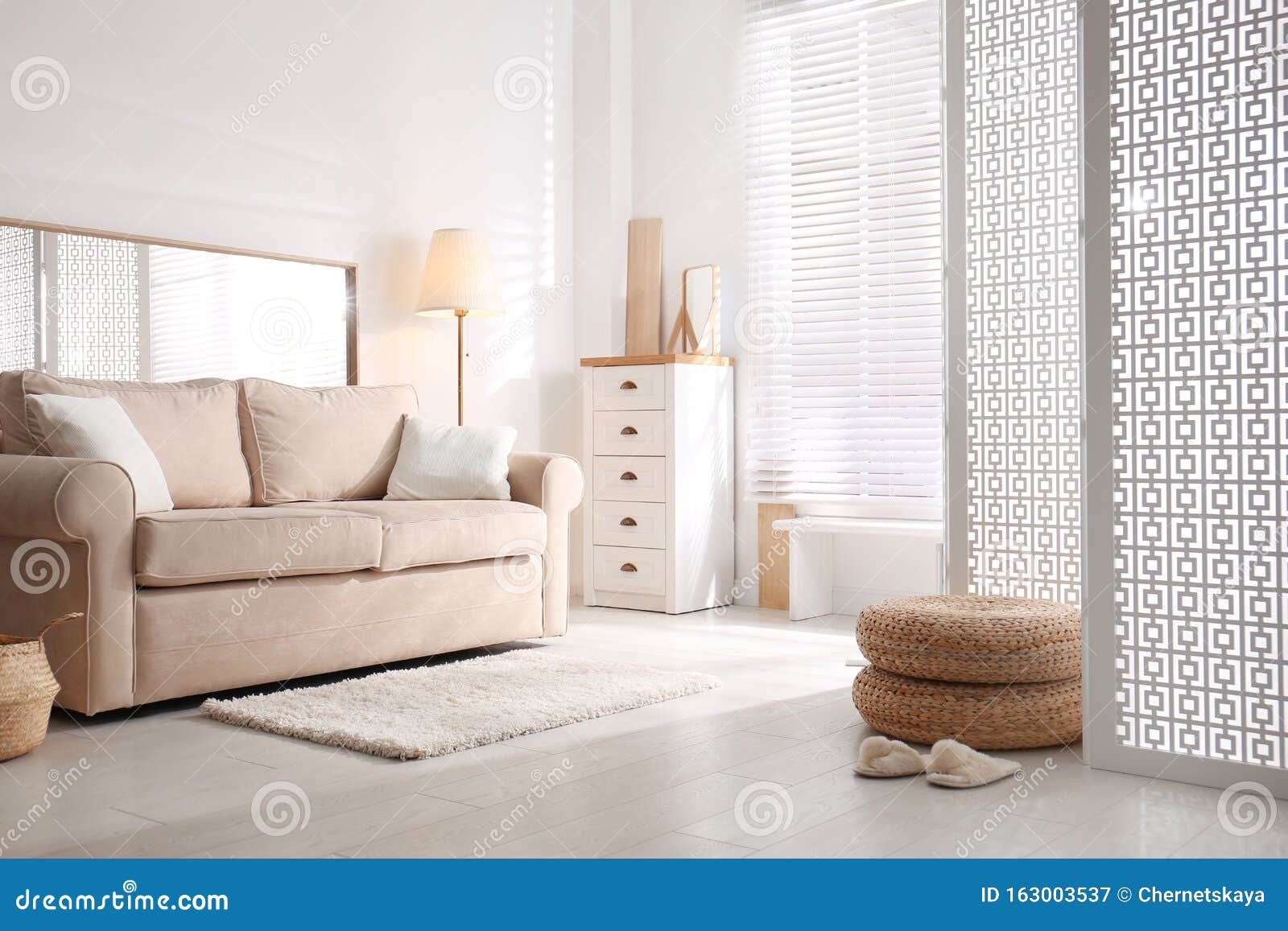 Stylish Room Interior with Folding Screen and Sofa Stock Image - Image ...