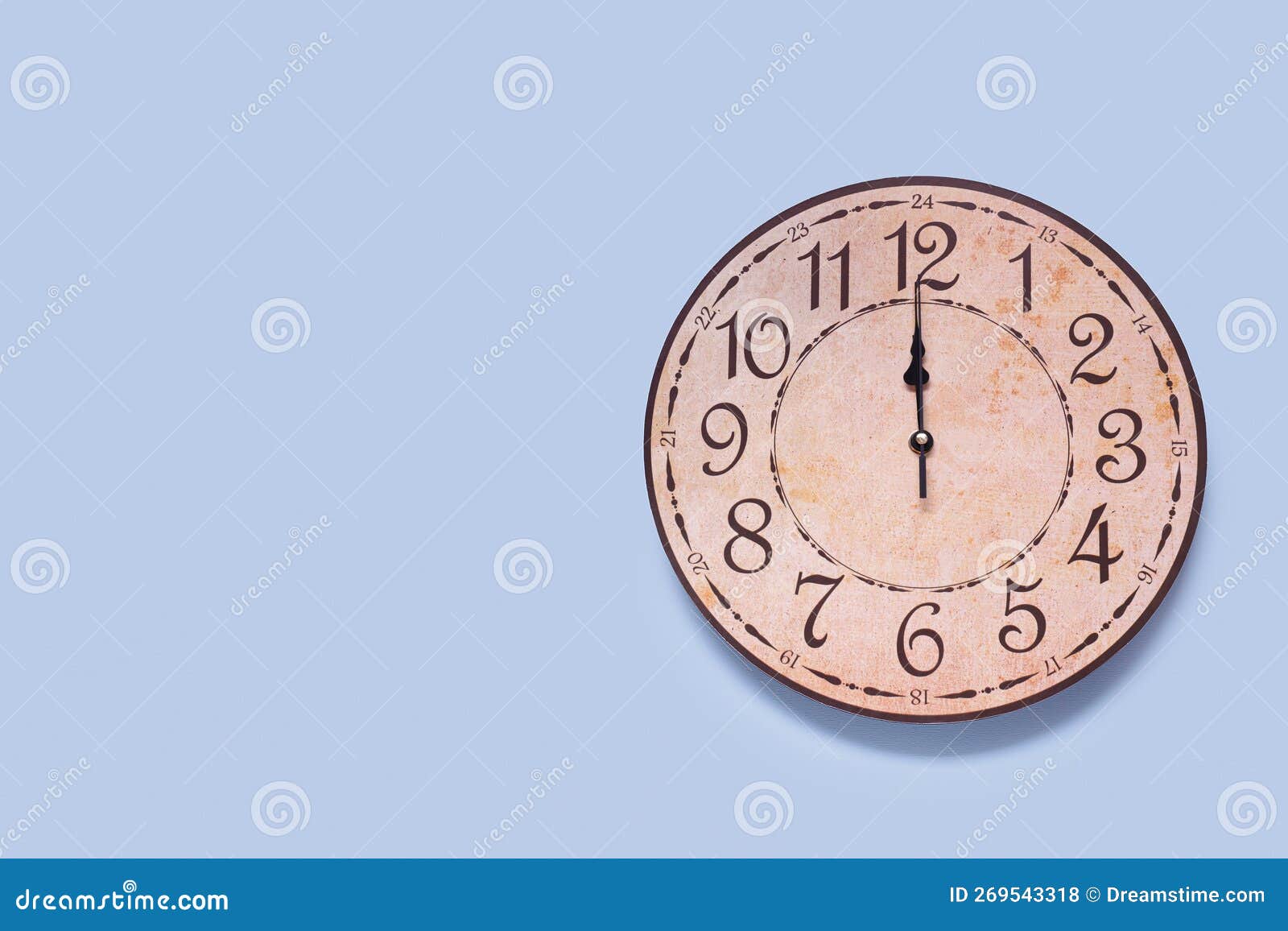 Stylish Round Clock on Light Blue Background, Top View with Space for ...
