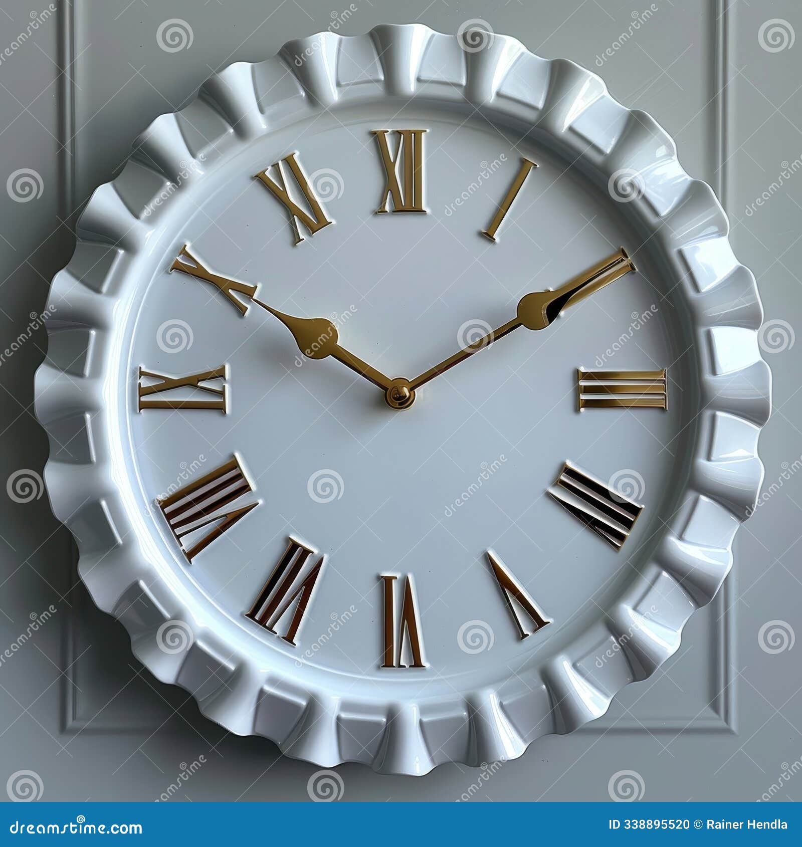 White and Gold Wall Clock with Ruffles and Roman Numerals Stock Photo ...