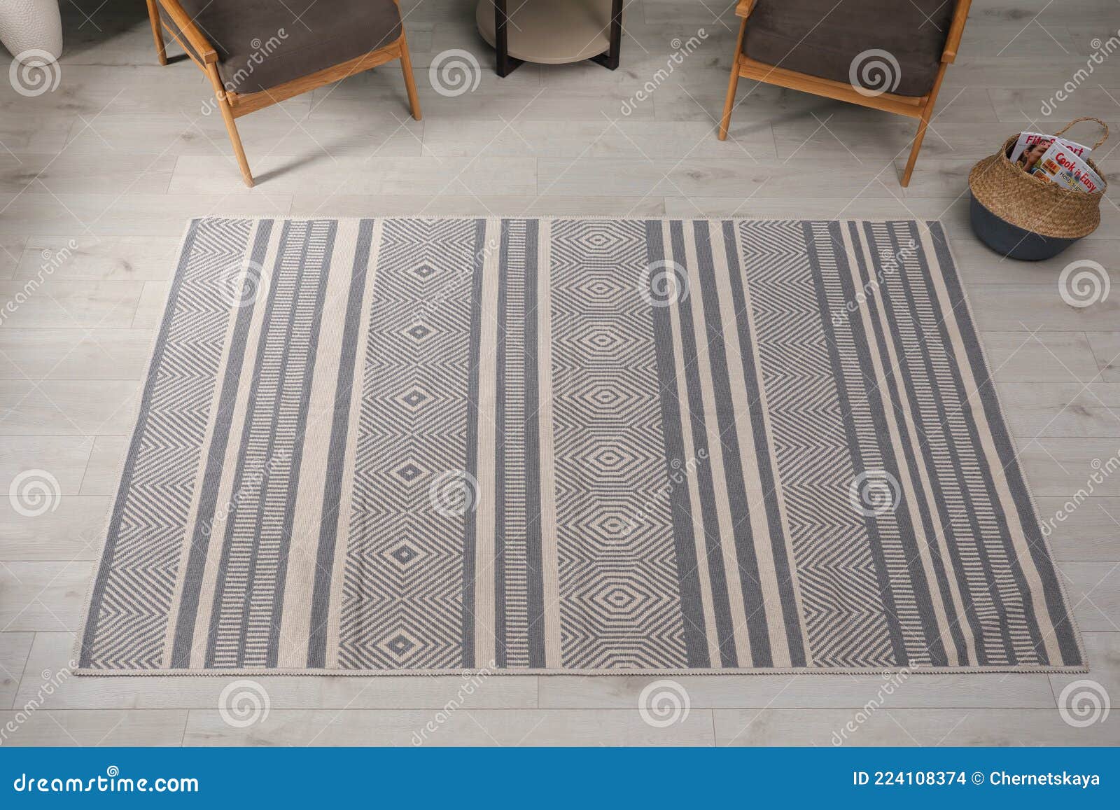 Stylish Rug with Pattern on Floor in Room, Above View Stock Photo ...