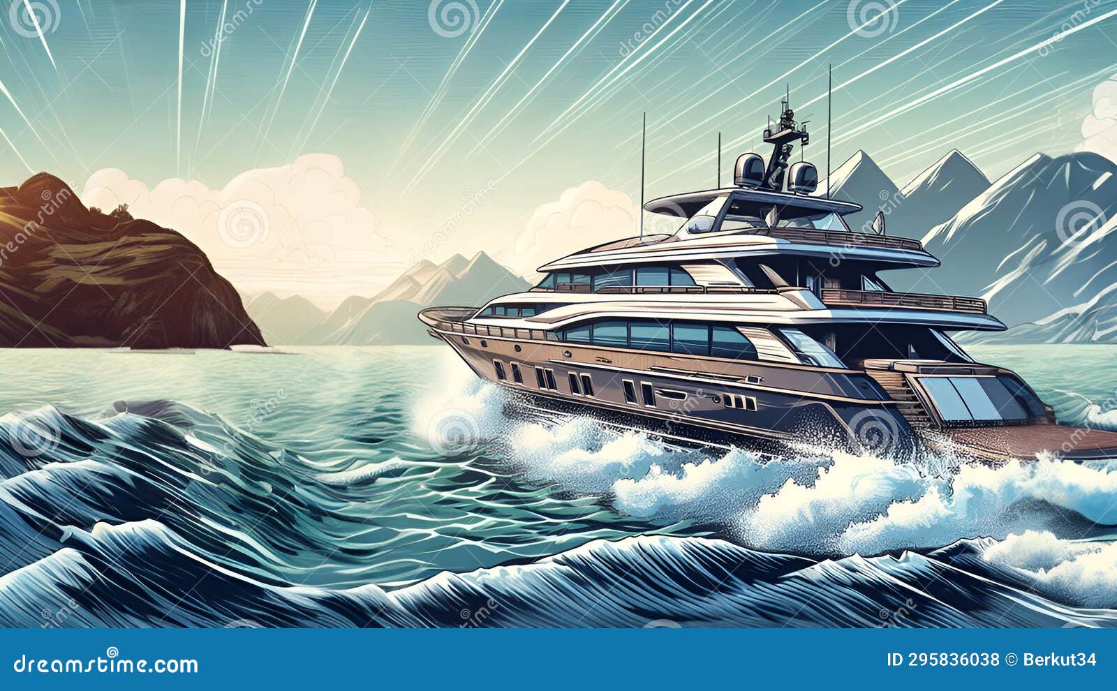 A Stylish Sea Yacht with a Streamlined Shape Cuts through Water Surface ...