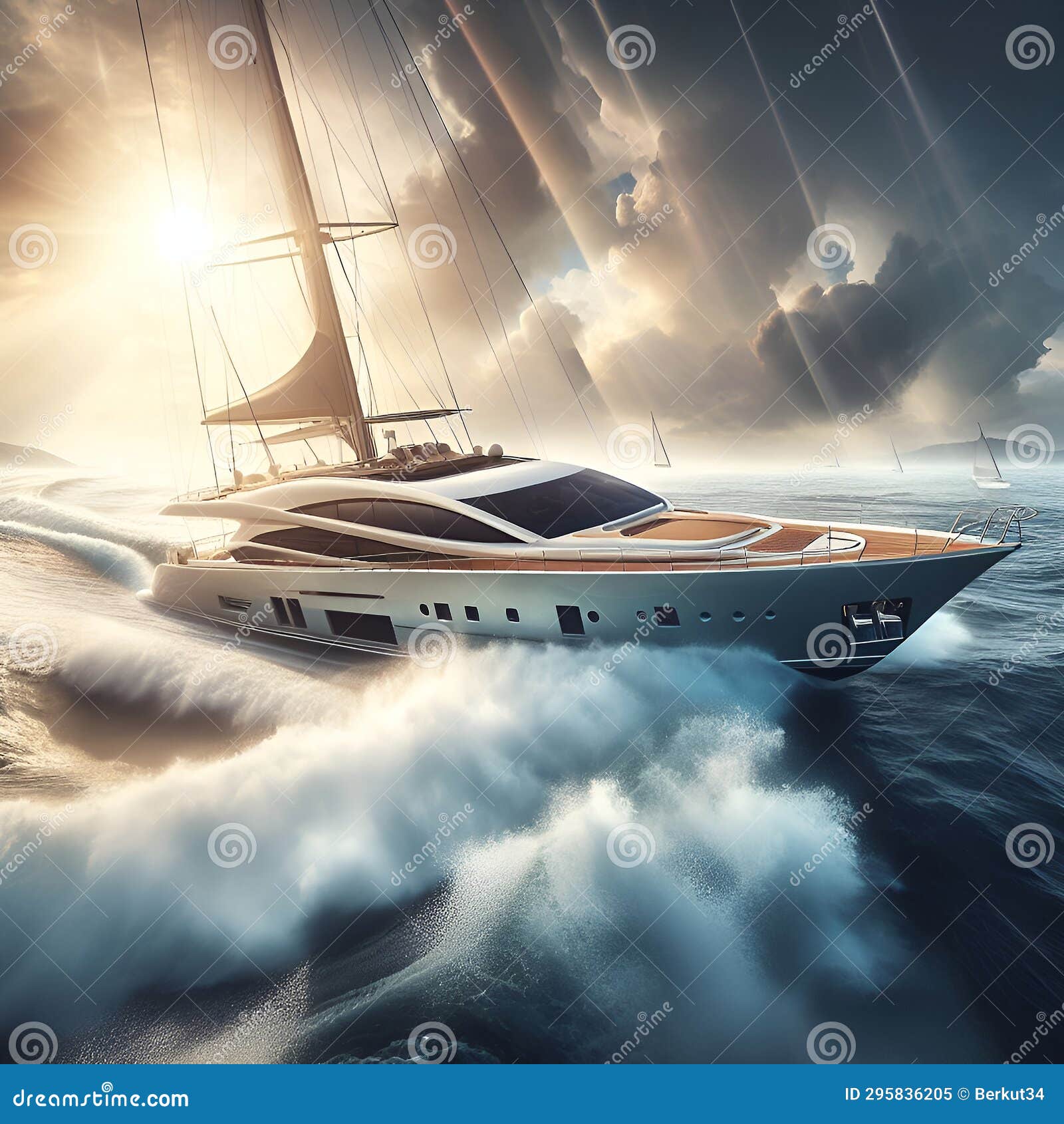 A Stylish Sea Yacht with a Streamlined Shape Cuts through Water Surface ...