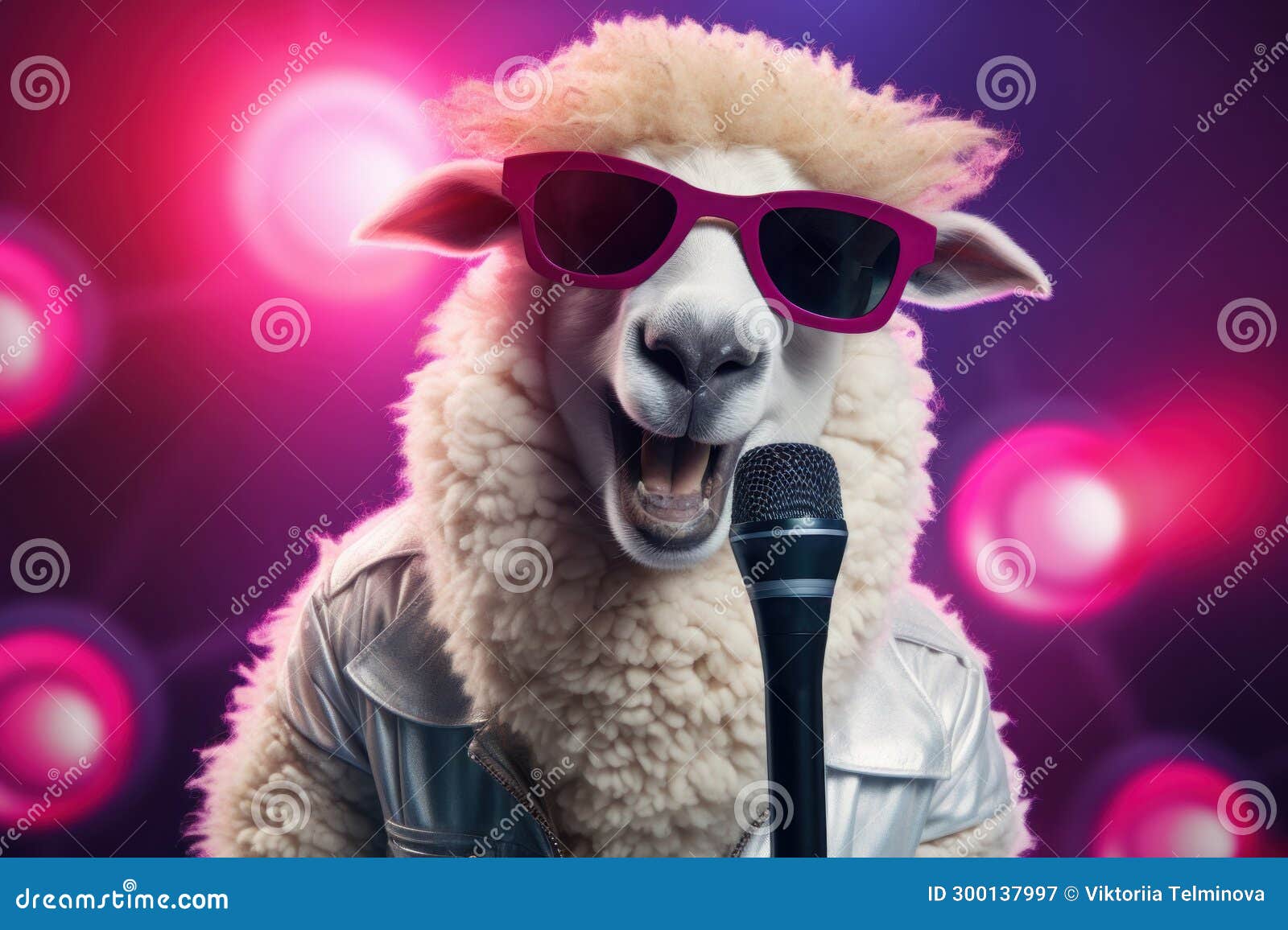 Stylish Sheep Superstar Sings into the Microphone on Stage, Neon ...