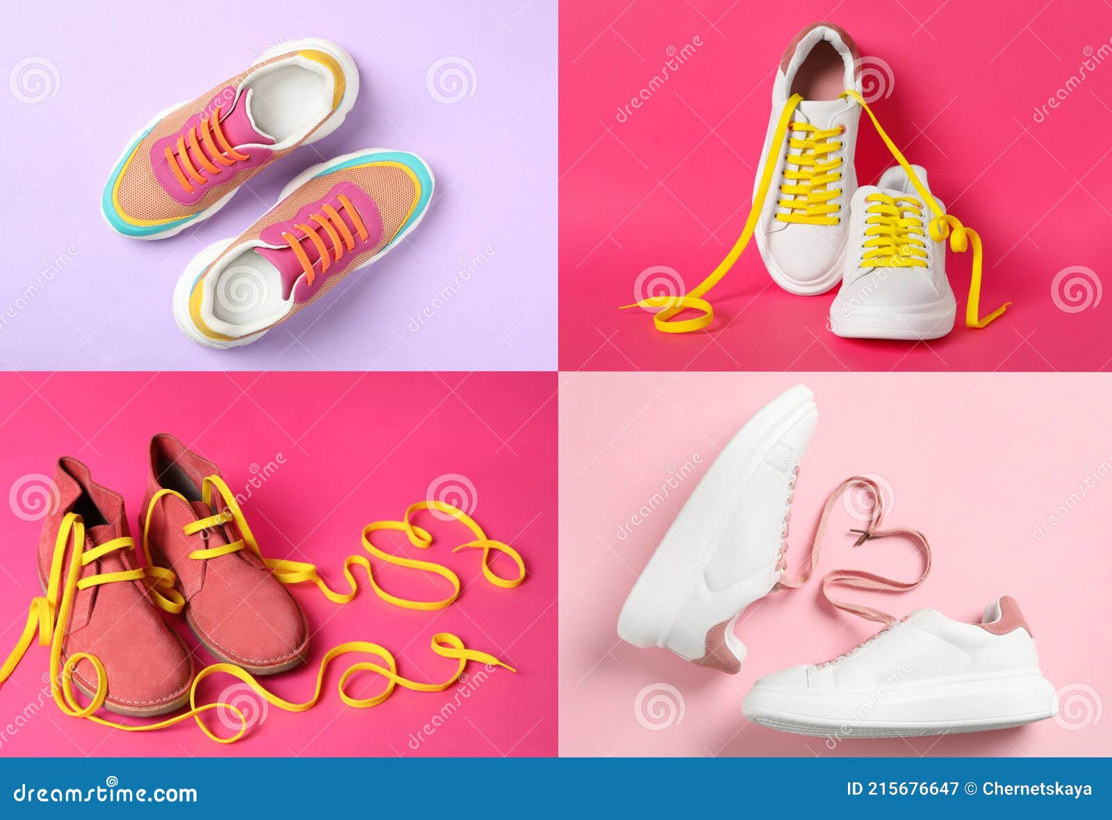 Stylish Shoes with Bright Laces on Different Color Backgrounds, Collage ...