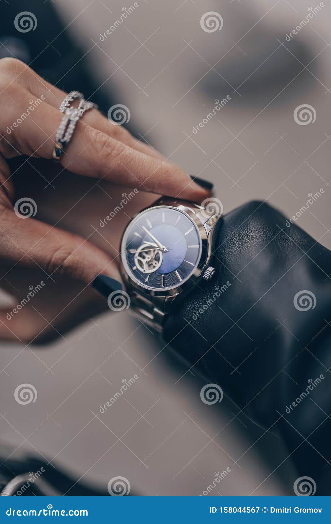 Stylish Silver Watch on Woman Hand Stock Image - Image of close, people ...