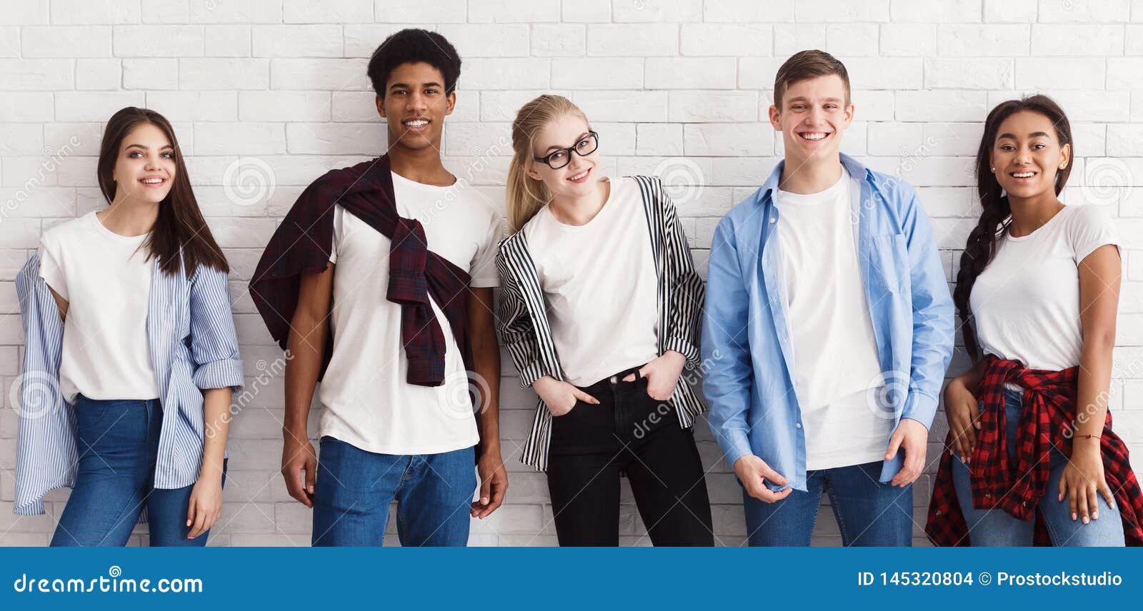 Stylish Students Posing Over White Wall, Crop Stock Photo - Image of ...