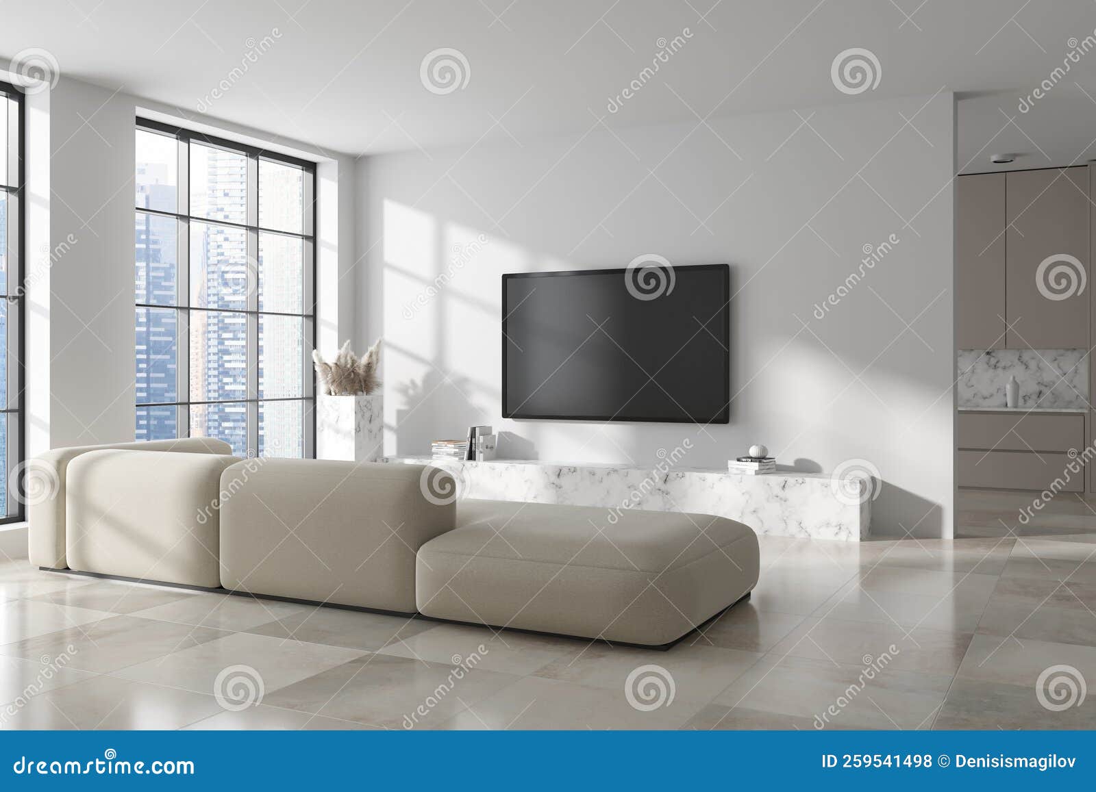 Stylish Studio Interior with Soft Place and Kitchen Zone, Panoramic ...