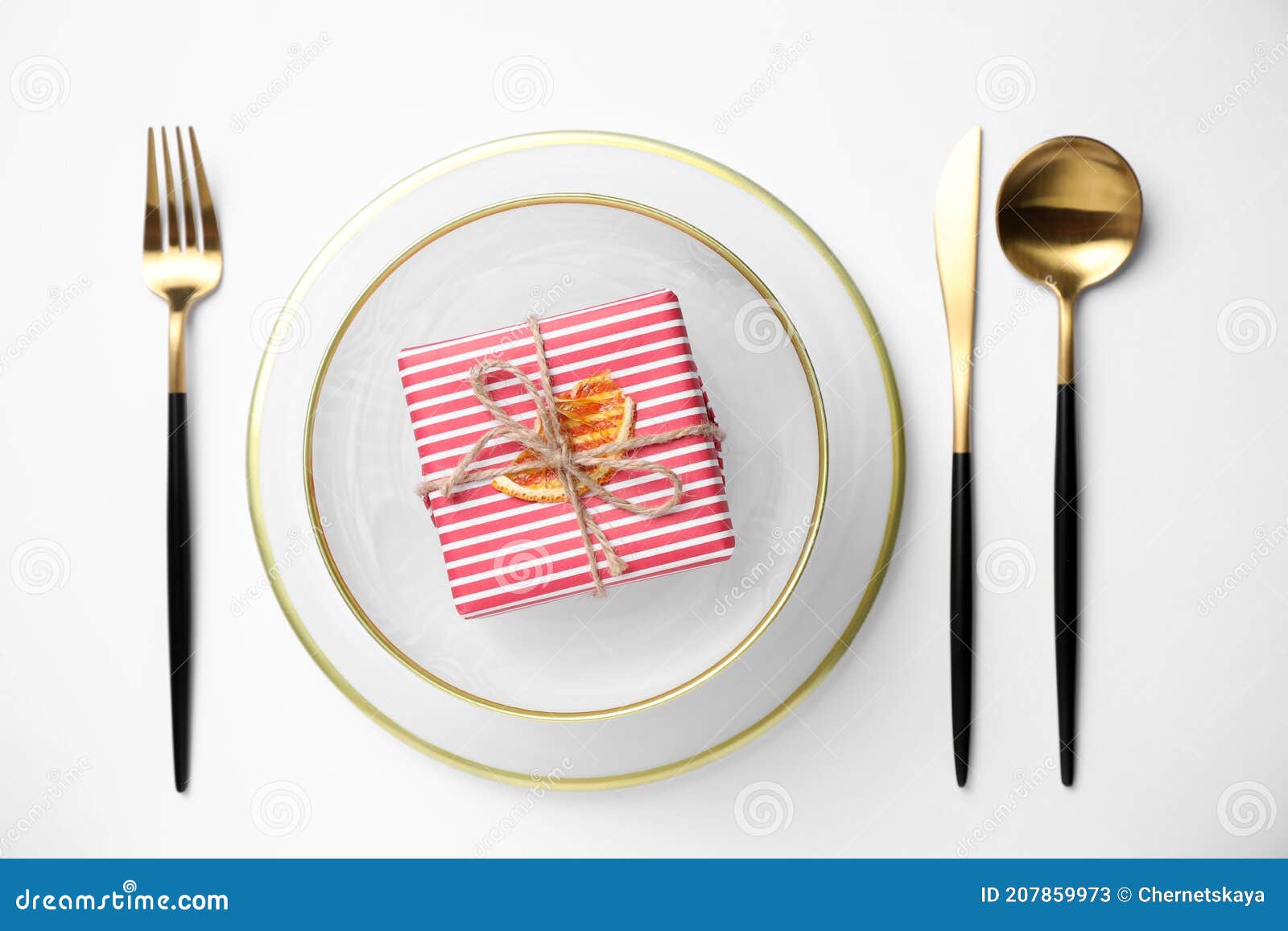 Stylish Table Setting and Gift Box on White Background, Top View Stock ...