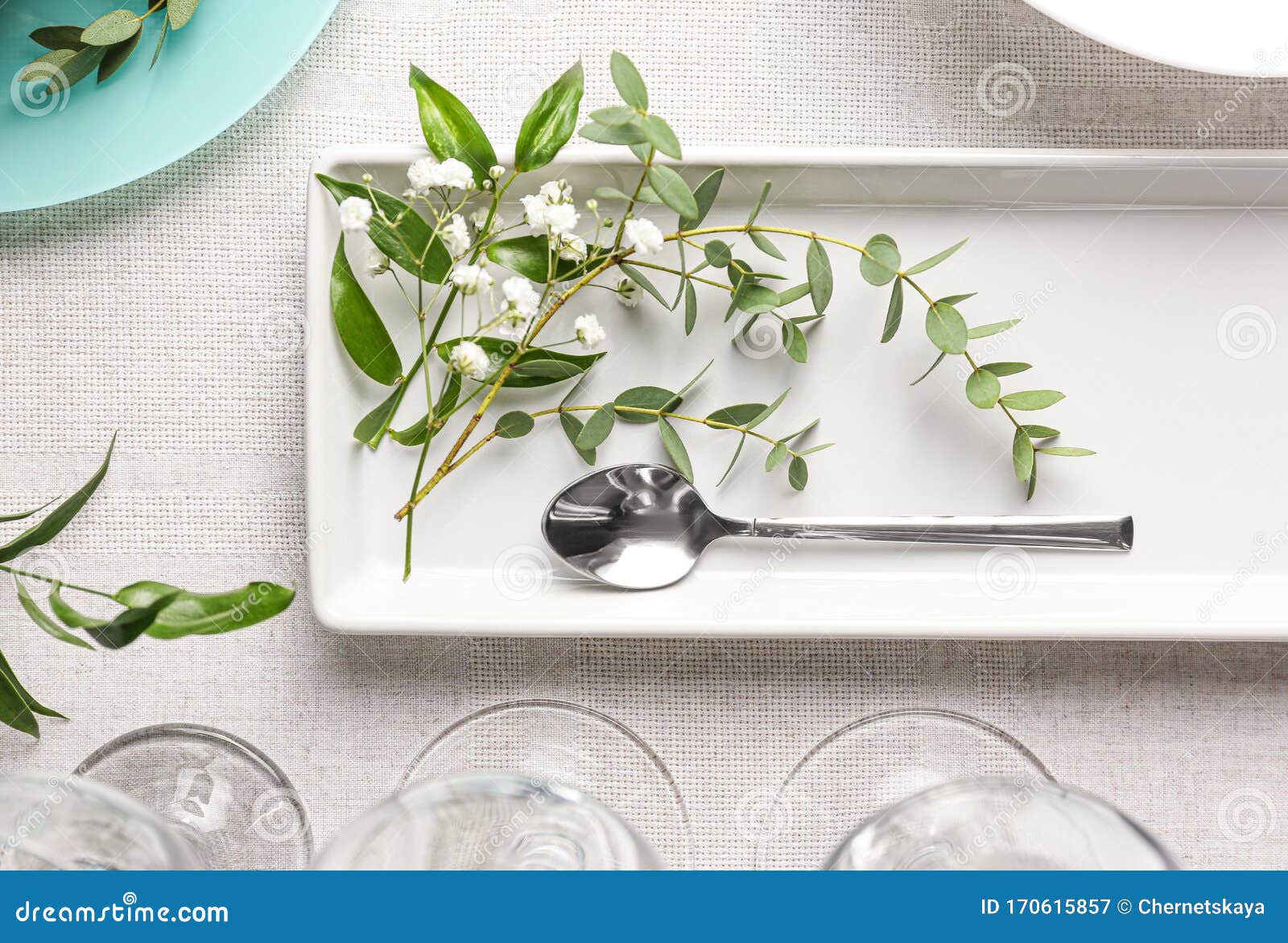 Stylish Tableware with Leaves on Table, Flat Lay. Festive Setting Stock ...