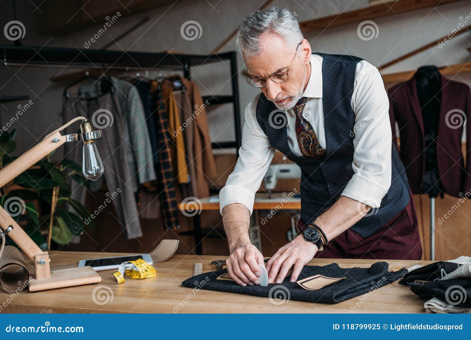 Stylish Tailor Marking Cloth Pattern with Chalk Stock Image - Image of ...