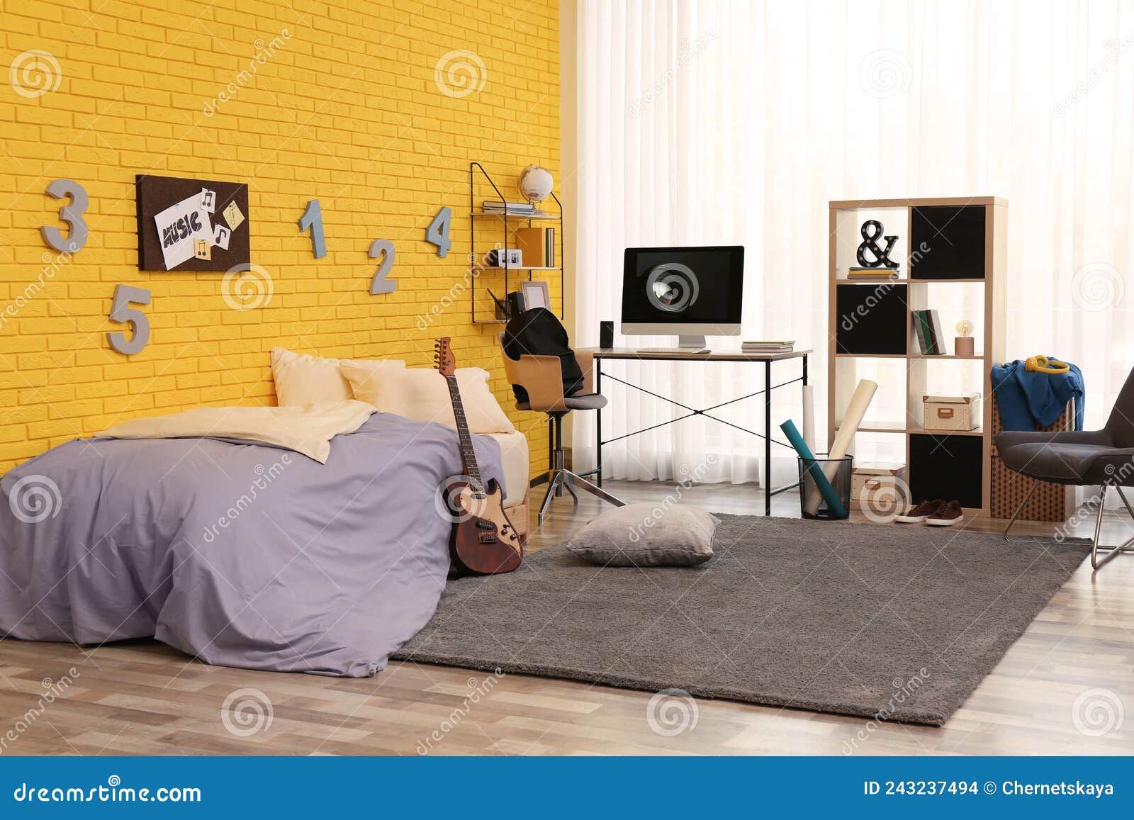 Stylish Teenager`s Room Interior with Computer and Bed Stock Photo ...