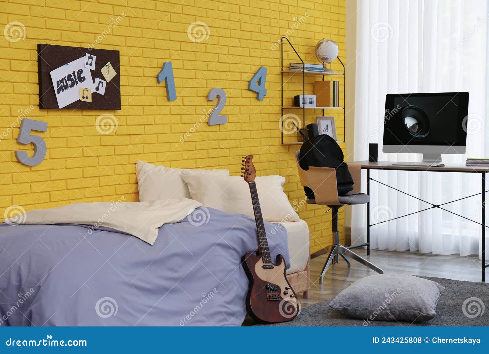 Stylish Teenager`s Room Interior with Computer and Bed Stock Photo ...