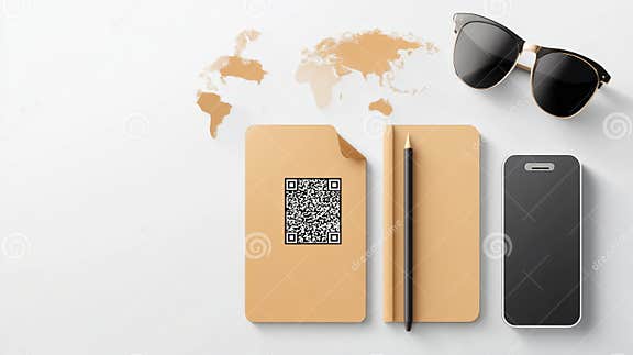 Stylish Travel Essentials Featuring a Notebook with QR Code, Smartphone ...