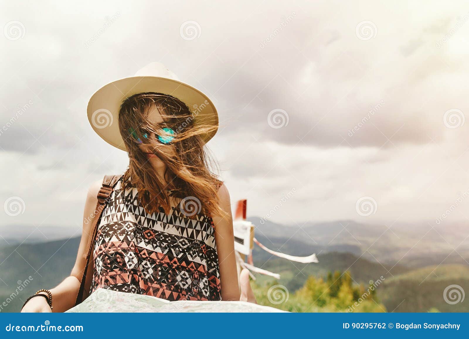 Stylish Traveler Hipster Woman Portrait With Fashionable Sunglasses And