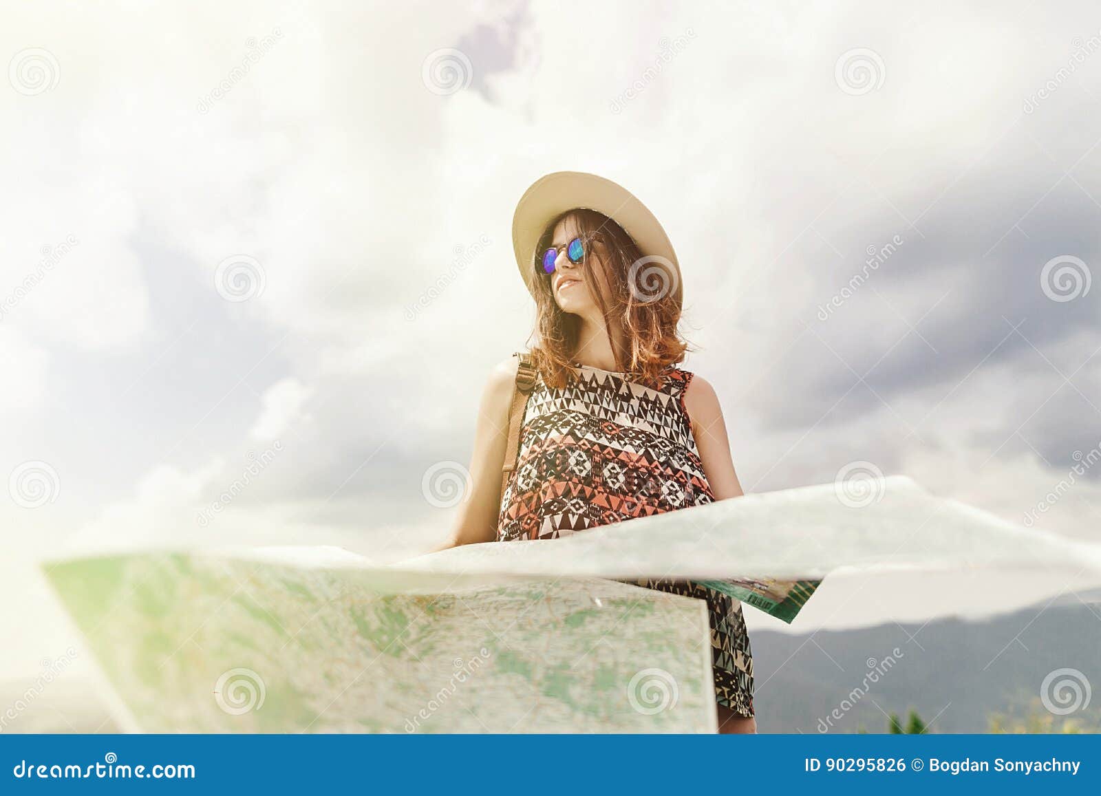 Stylish Traveler Hipster Woman Portrait With Sunglasses And Hat Stock