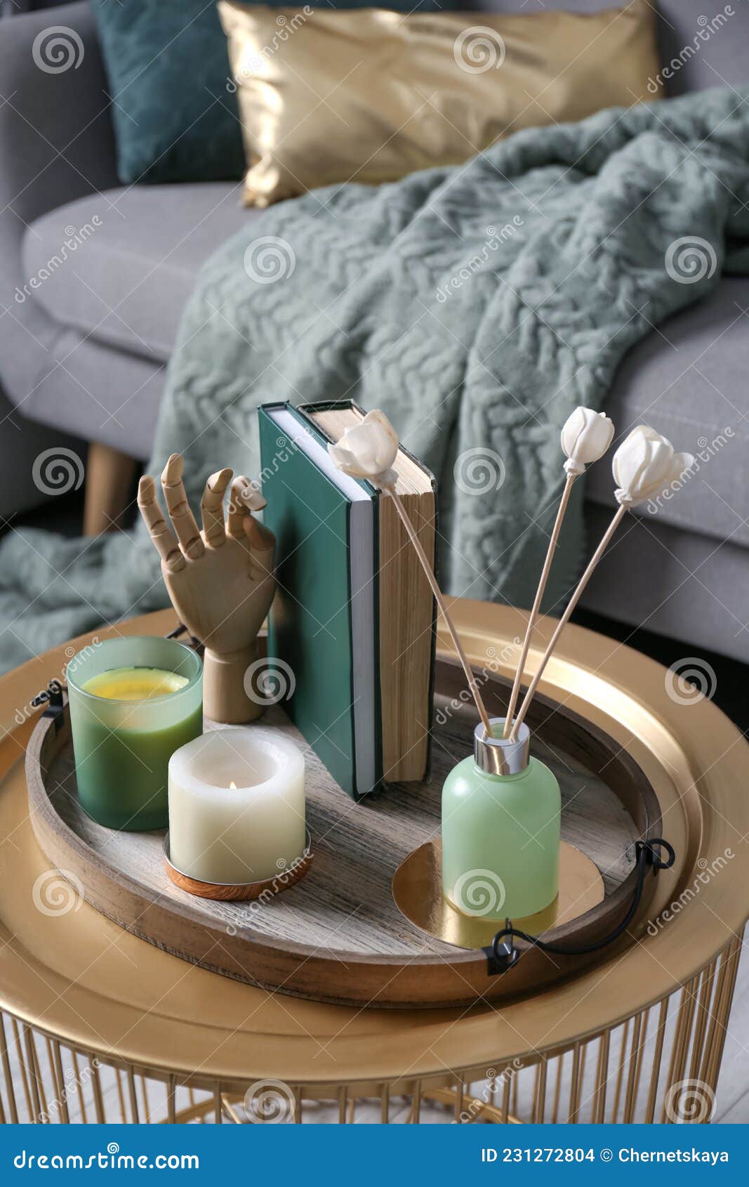 Stylish Tray with Different Interior Elements on Table in Living Room ...