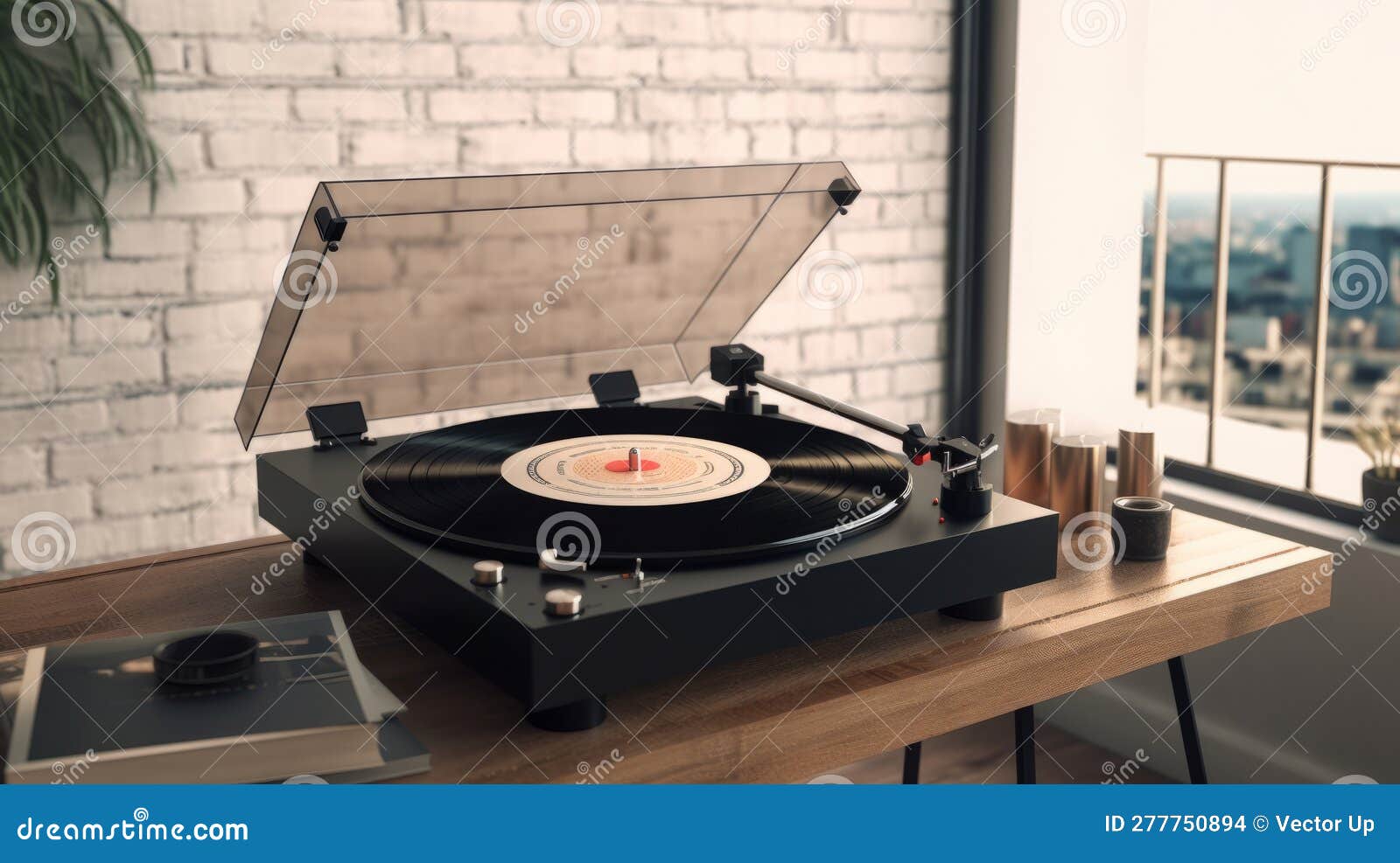 Stylish Turntable with Vinyl Record on Table. Generative AI Stock Photo ...
