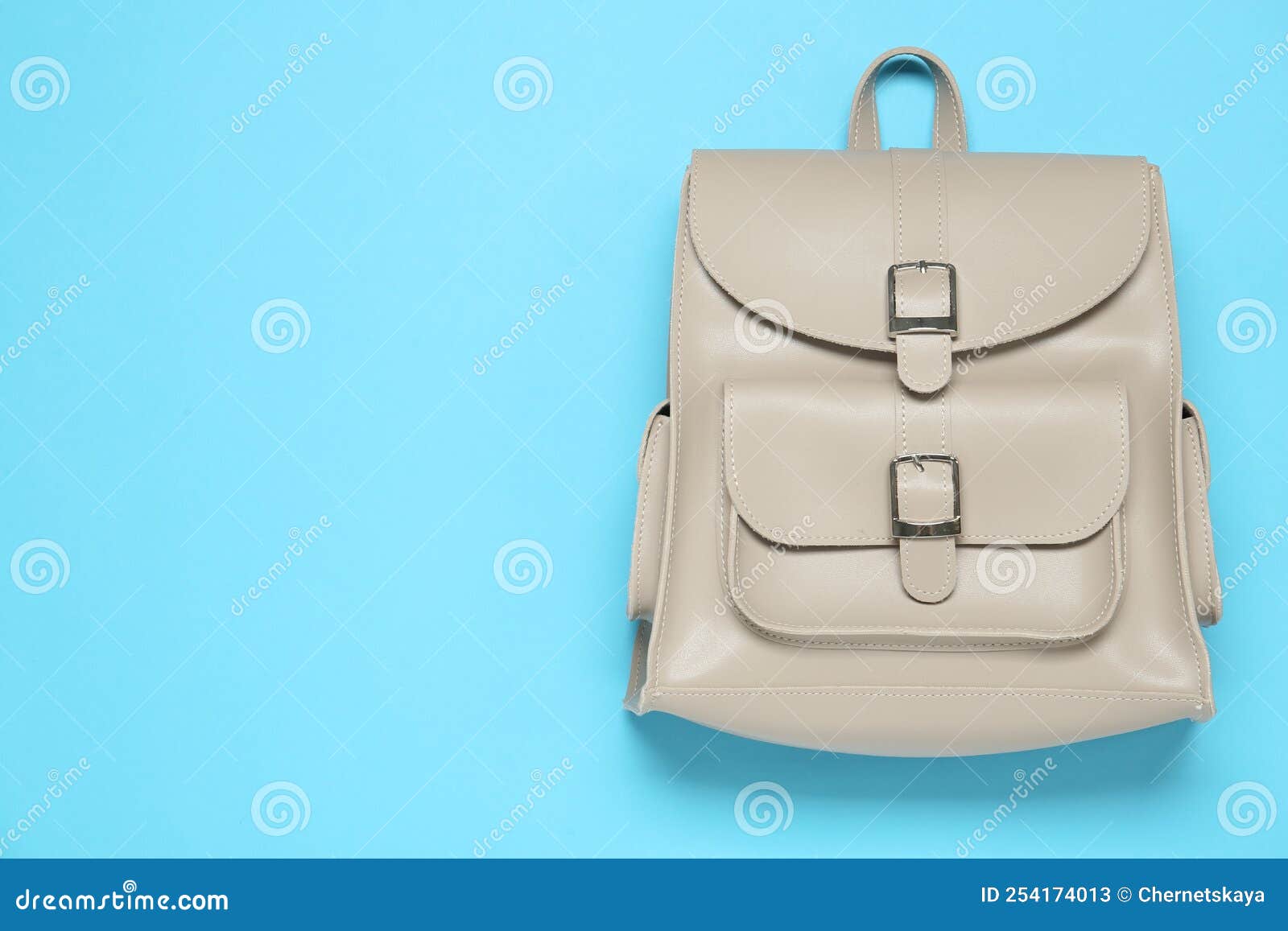 Stylish Urban Backpack on Light Blue Background, Top View. Space for ...