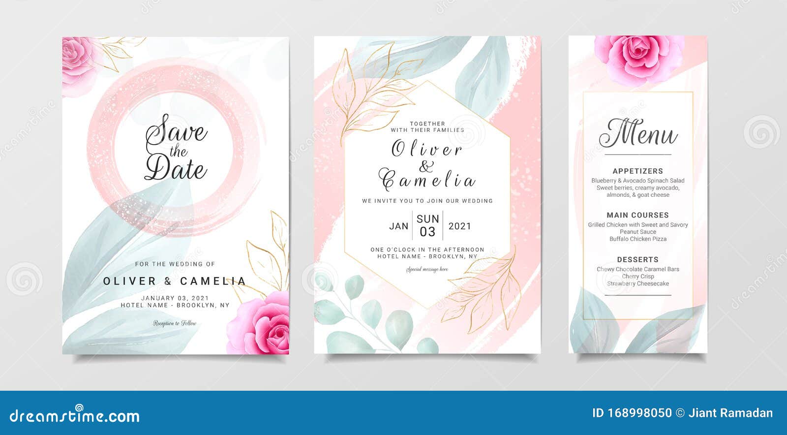 Stylish Wedding Invitation Card Template Set With Watercolor And