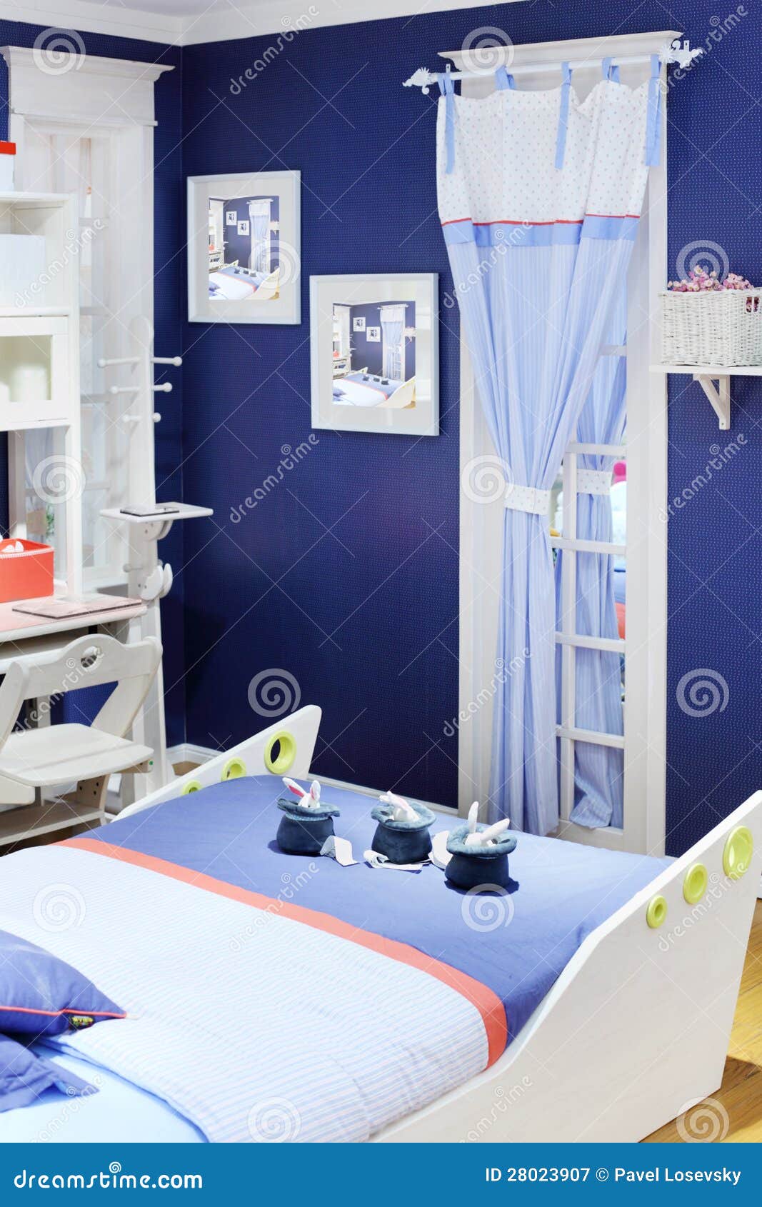 Stylish White-blue Children Room with Original Bed Stock Image - Image ...