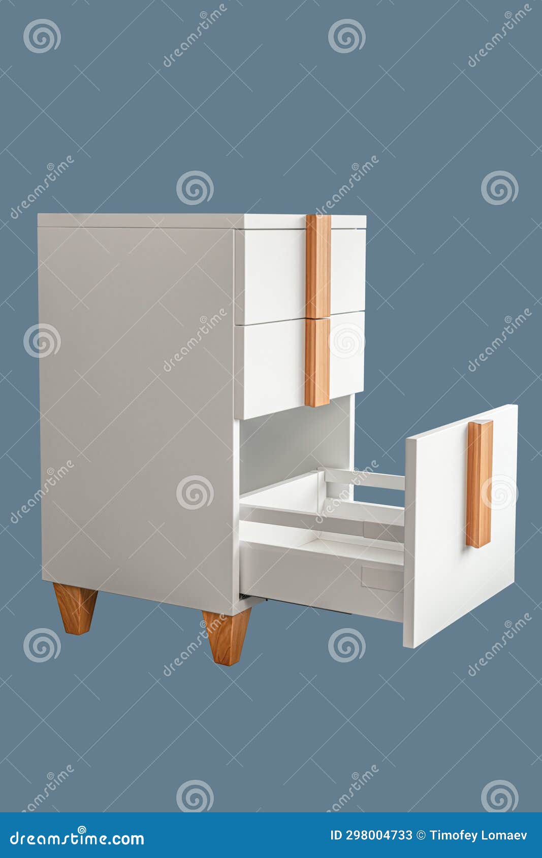 Stylish White Office Commode with Open Drawers on Blue Stock Image ...