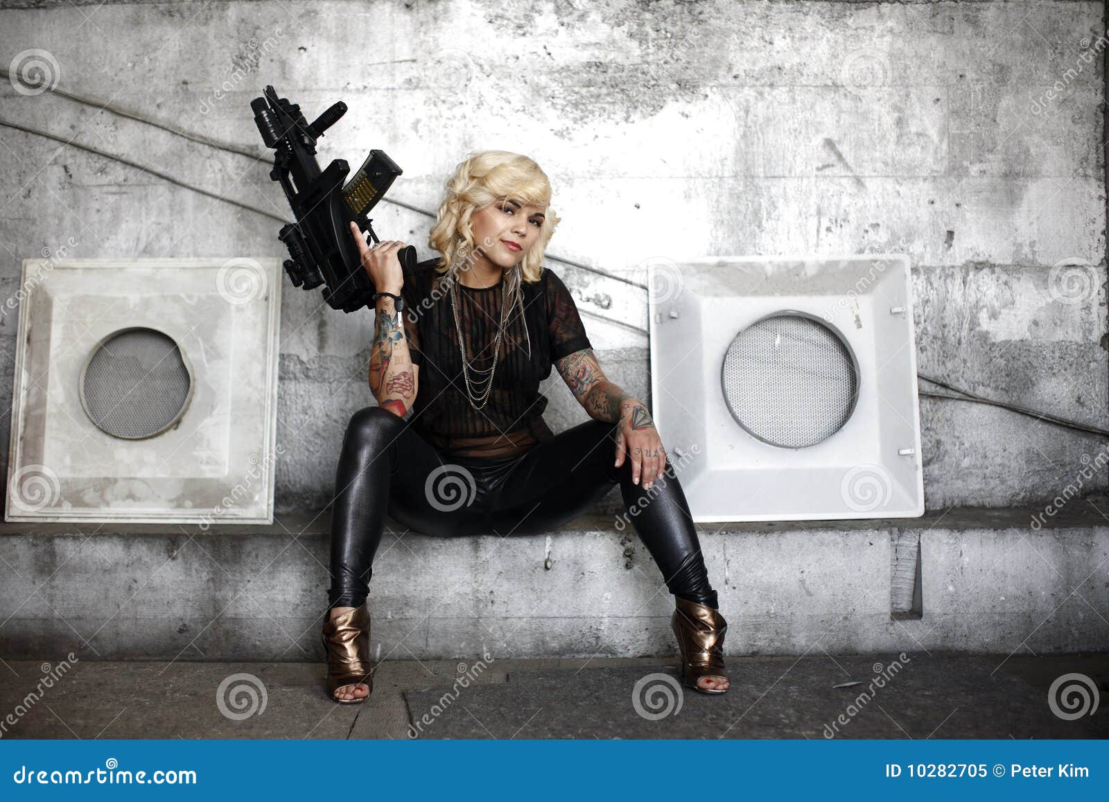 Stylish Woman with Assault Gun Stock Image - Image of fashion, finger ...