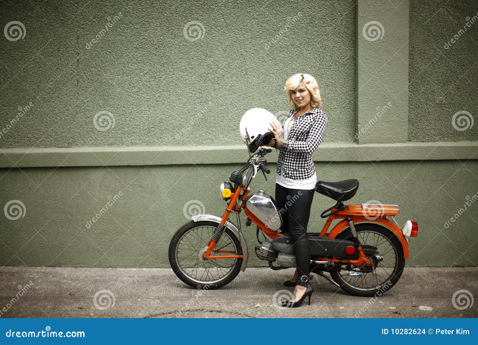 Stylish woman with moped stock photo. Image of gorgeous - 10282624