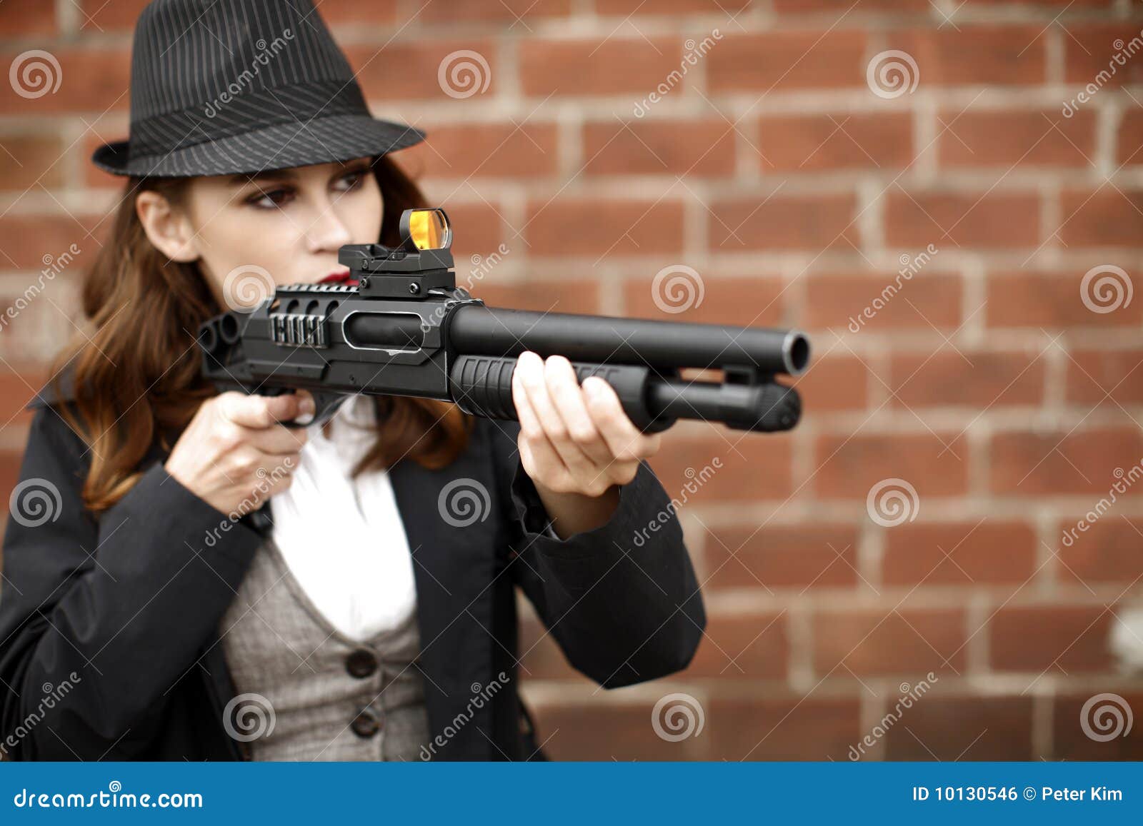 Stylish Woman Pointing Shotgun Stock Photo - Image of overcoat, shoot ...