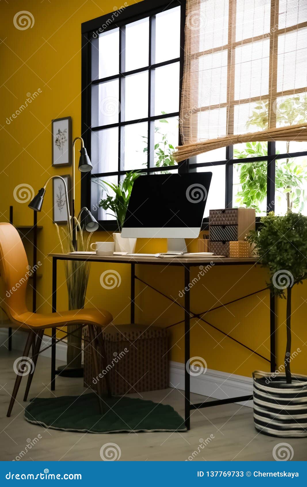 Stylish Workplace with Computer Near Window at Home Office Stock Image ...
