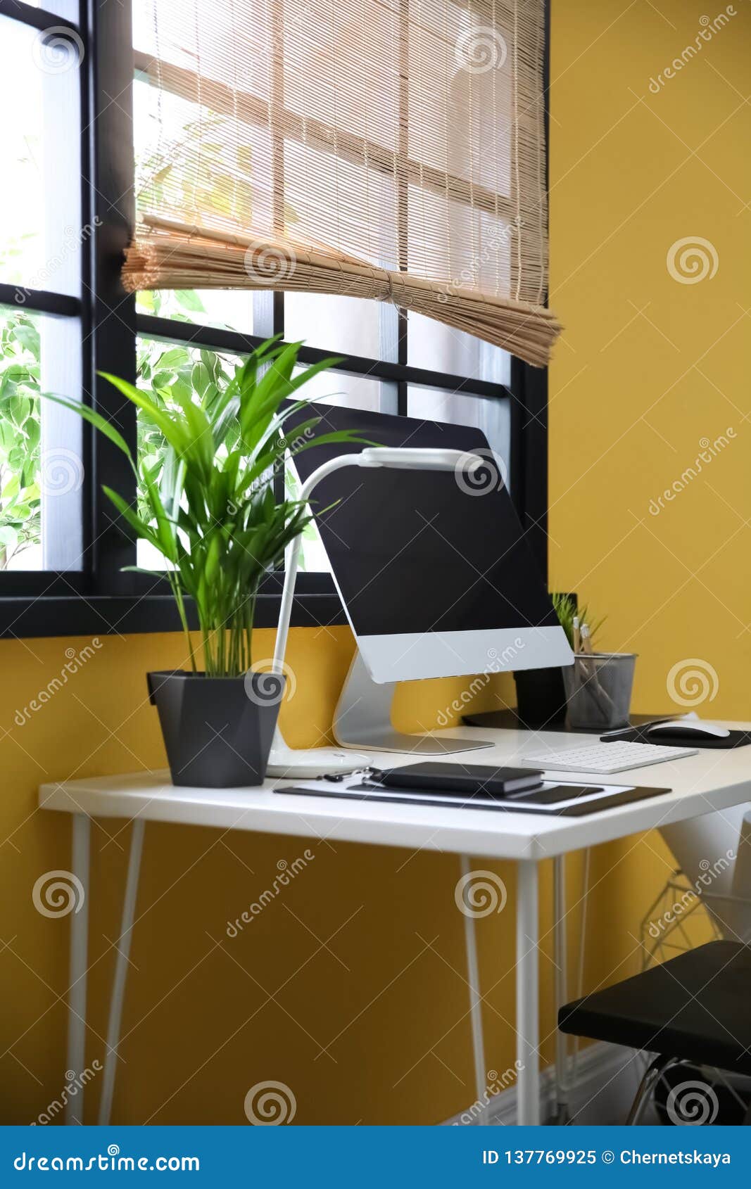 Stylish Workplace with Computer Near Window at Home Office. Stock Image ...