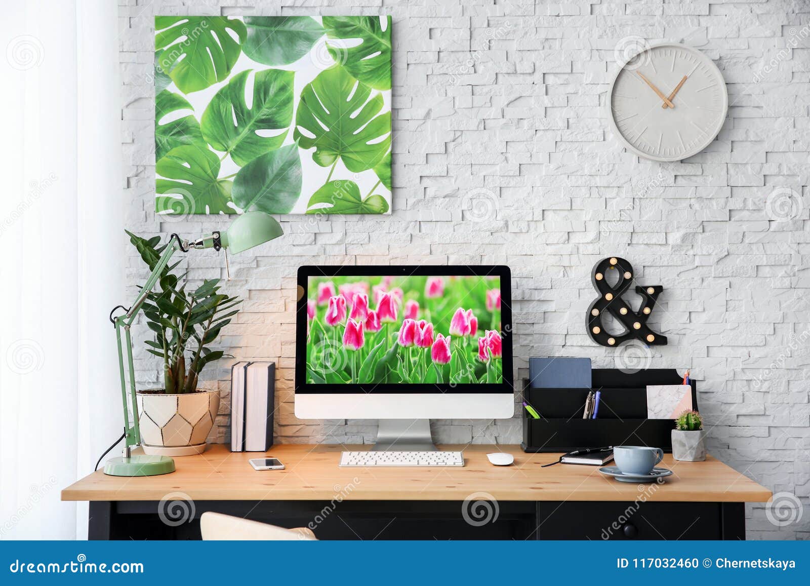 Stylish Workplace with Computer Stock Photo - Image of background ...
