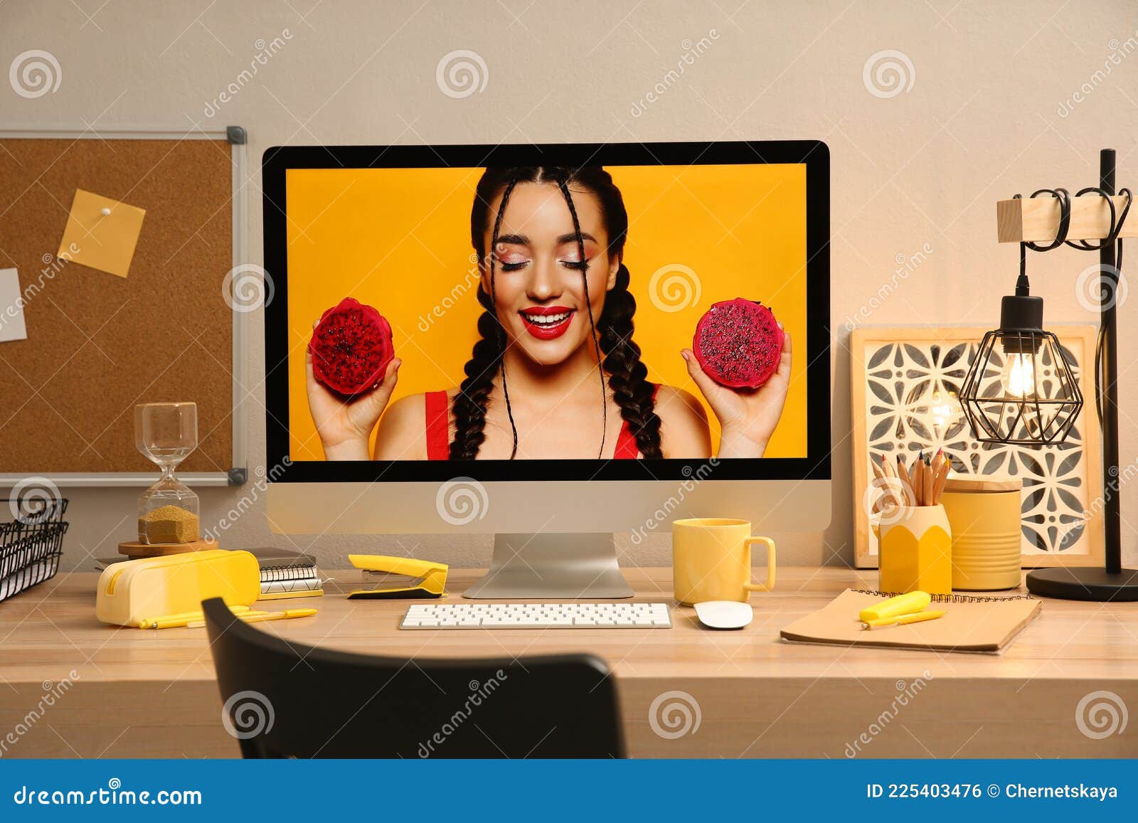 Stylish Workplace with Computer on Desk Near Light Wall. Interior ...