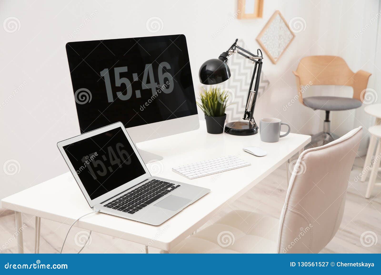 Stylish Workplace with Computers on Table Stock Image - Image of ...