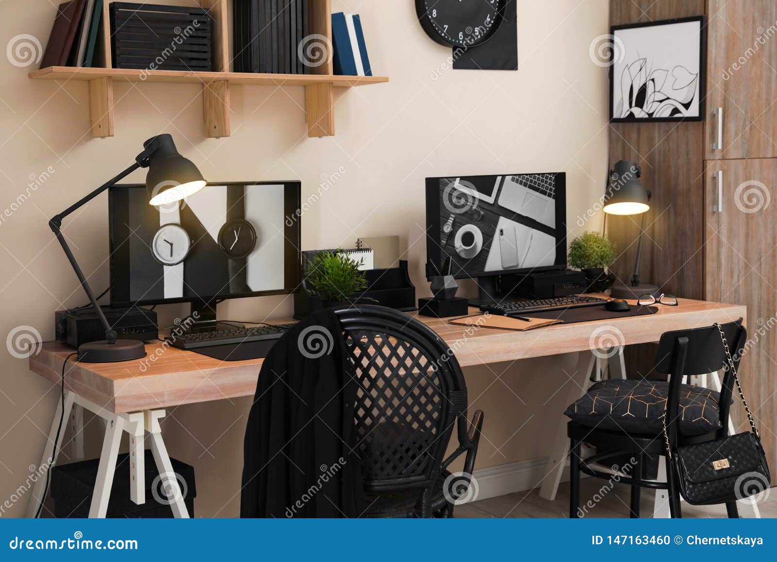 Stylish Workplace Interior with Computers Stock Photo - Image of ...