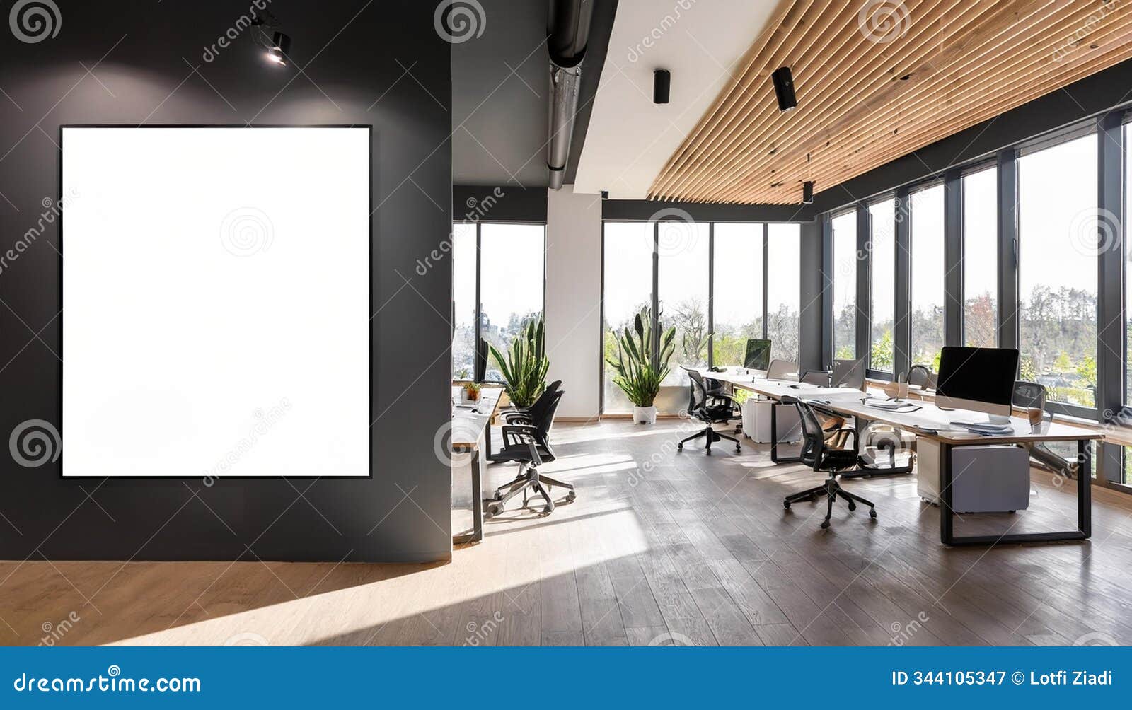 Stylish Workplace Interior with Coworking Zone and Window. Mockup Frame ...