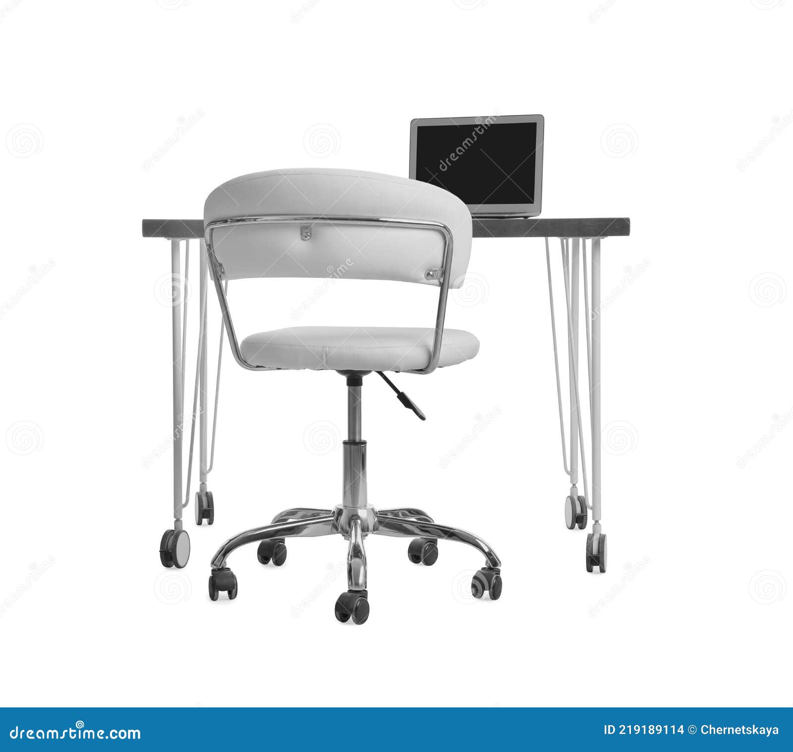 Stylish Workplace with Laptop and Comfortable Chair on White Background ...