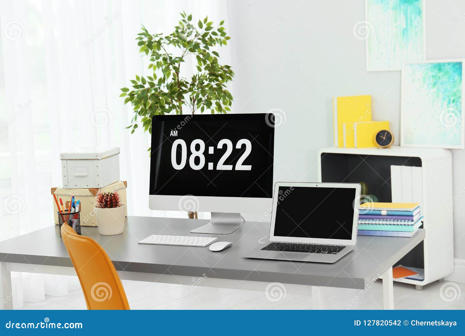 Stylish Workplace with Laptop and Desktop Computer Stock Photo - Image ...