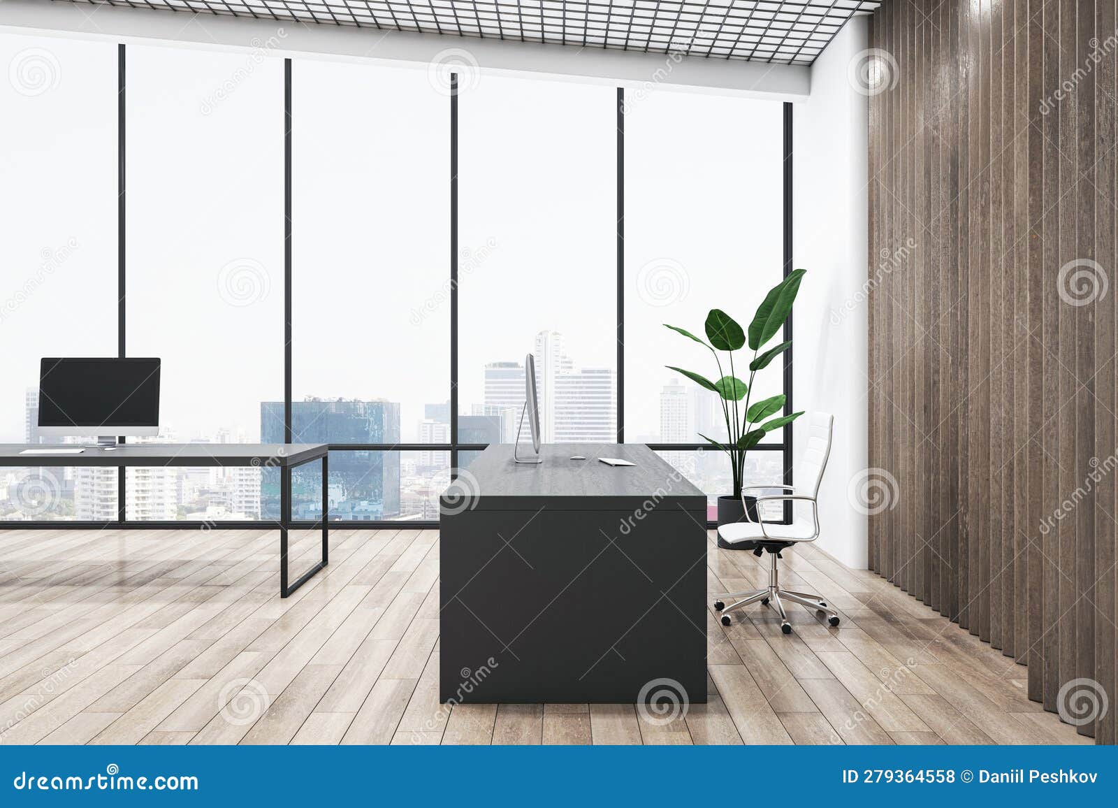 Stylish Workspace Black Table Side View in Coworking Office with Modern ...