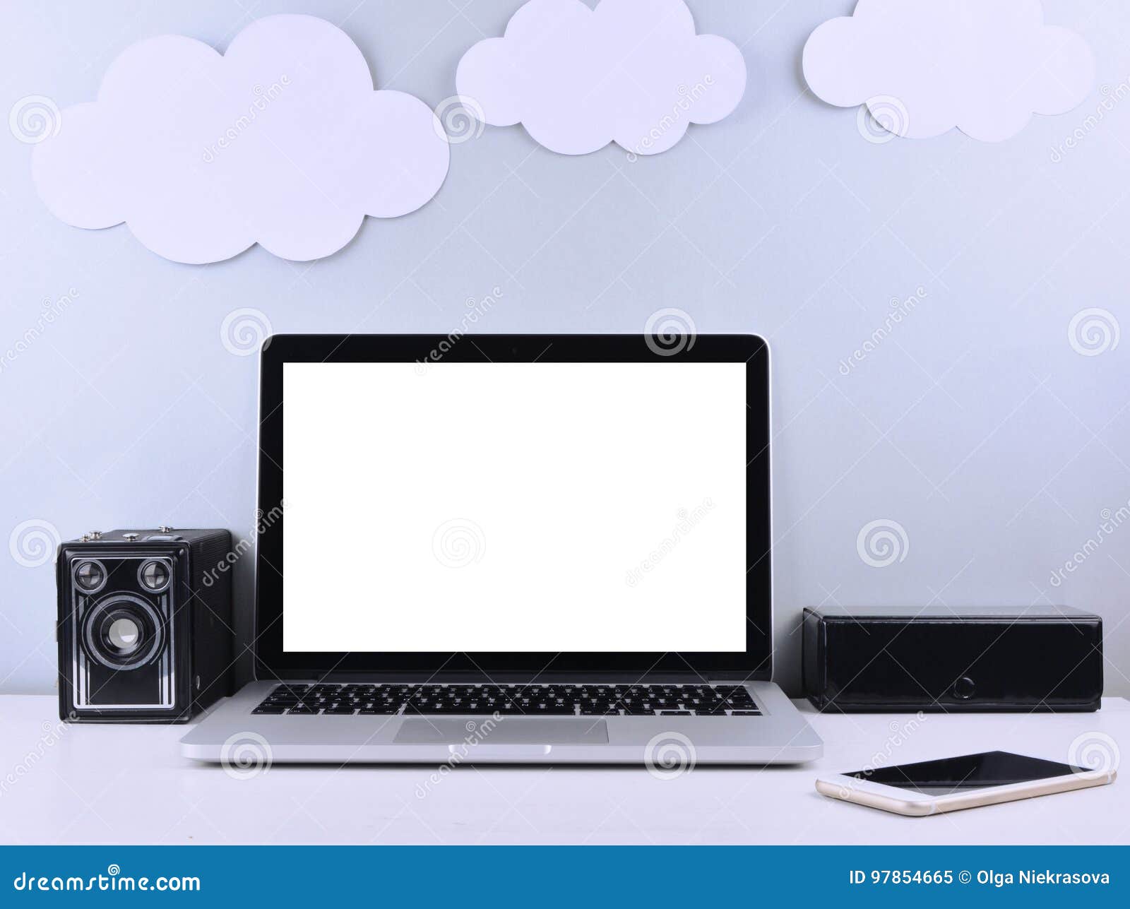 Stylish Workspace With Laptop Camera Sticky Notes Stock