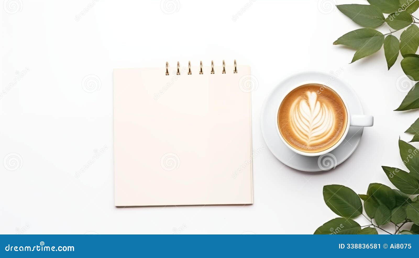 Stylish Workspace Mockup with Latte Art and Greenery on White Surface ...